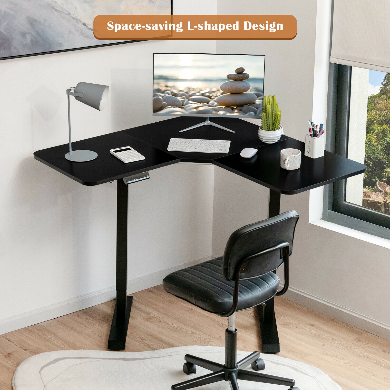 Costway L Shaped Electric Adjustable Standing Desk w/ Controller 2 Hoo ...